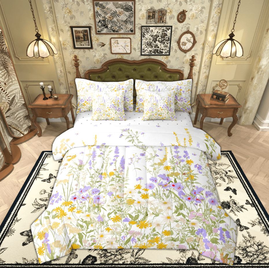 Manfei Floral Flower Bedding Comforter Set 7 Pieces for Female, Rustic ...