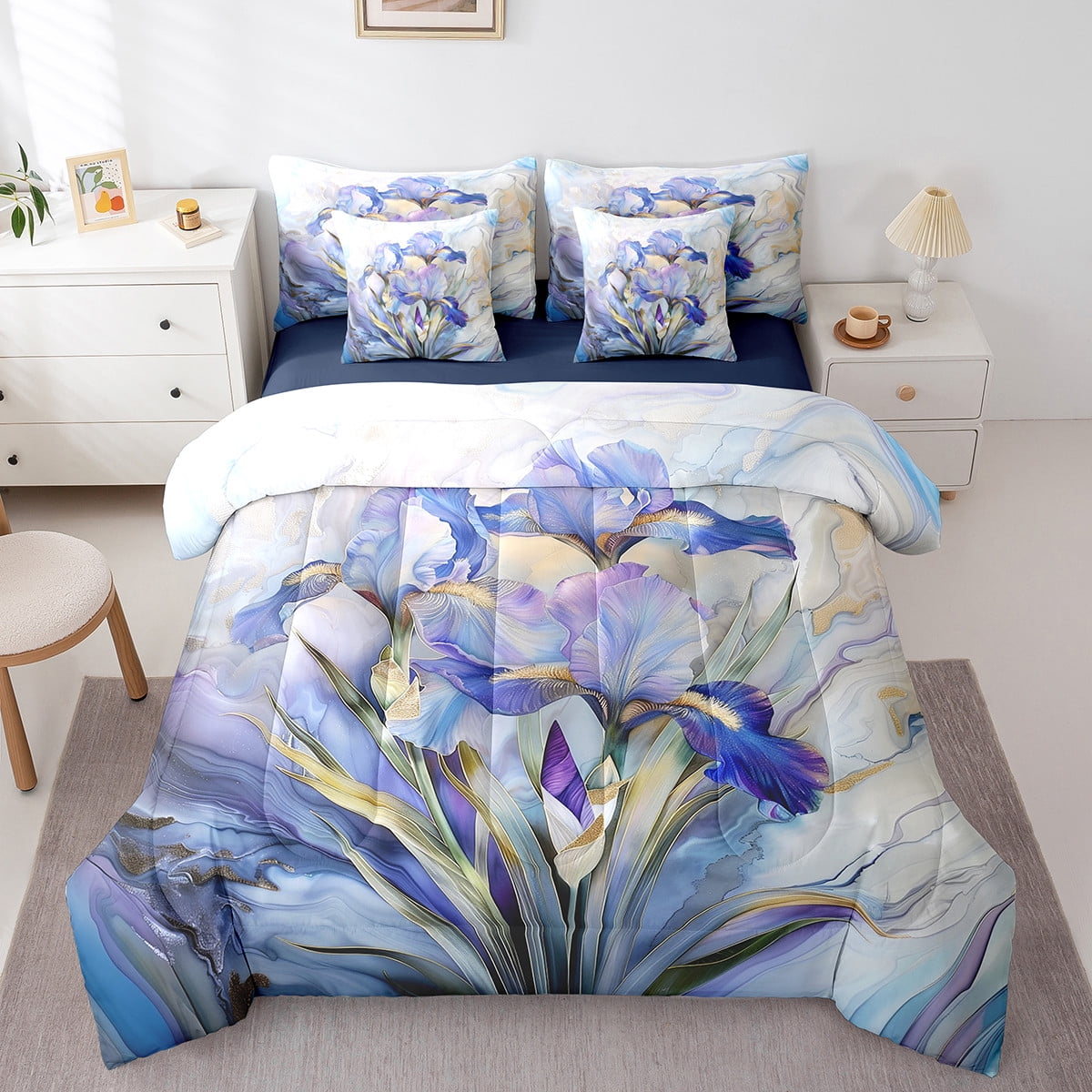 Manfei Floral Iris 7pcs Bedding Comforter Set,Gradient Marble Queen ...
