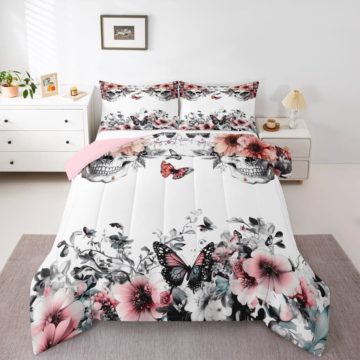 Manfei Floral Skull 2pcs Bedding Comforter Set,Flying Butterfly Twin ...