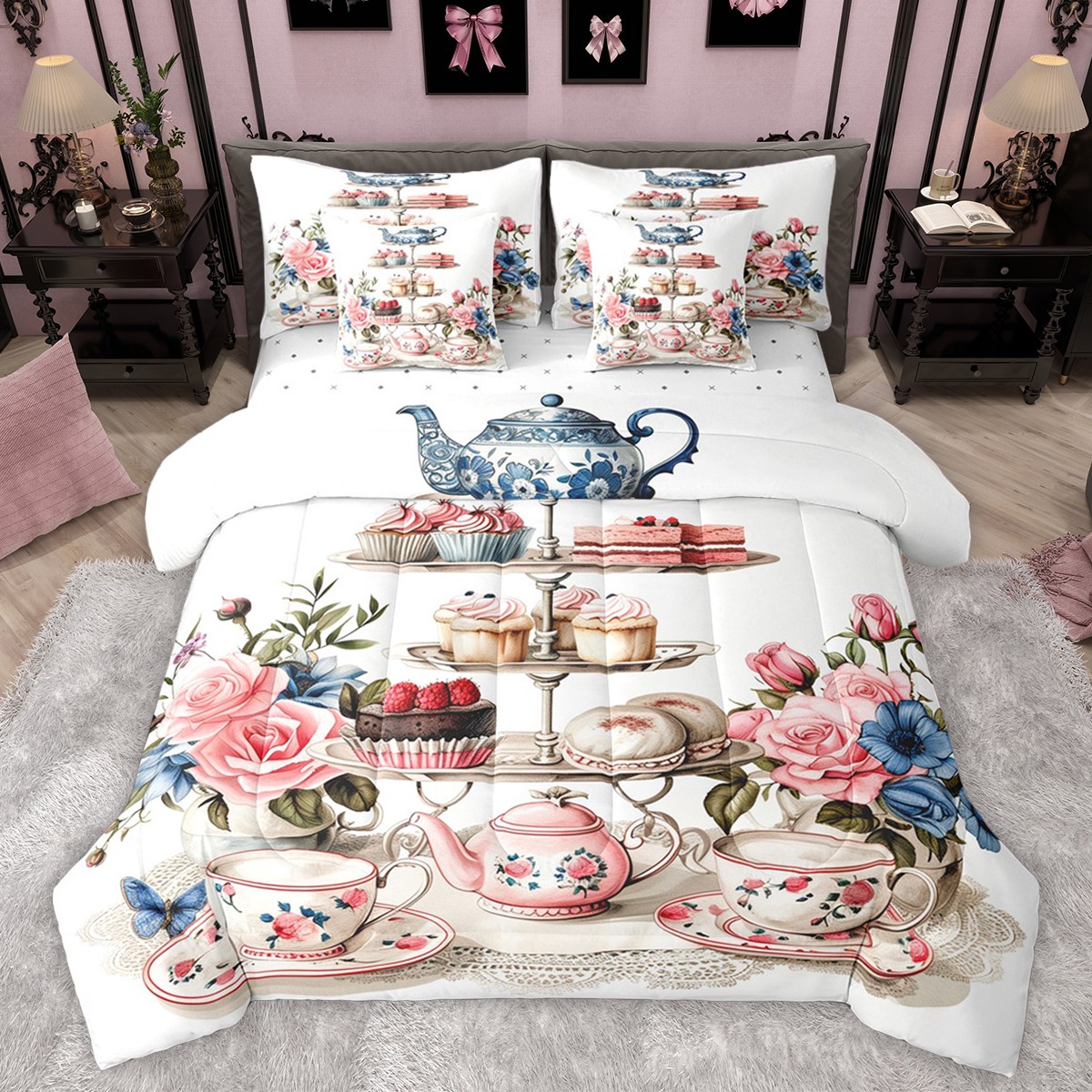 Manfei Floral Teacups Teapot Bedding Comforter Set 7 Pieces for Teens ...
