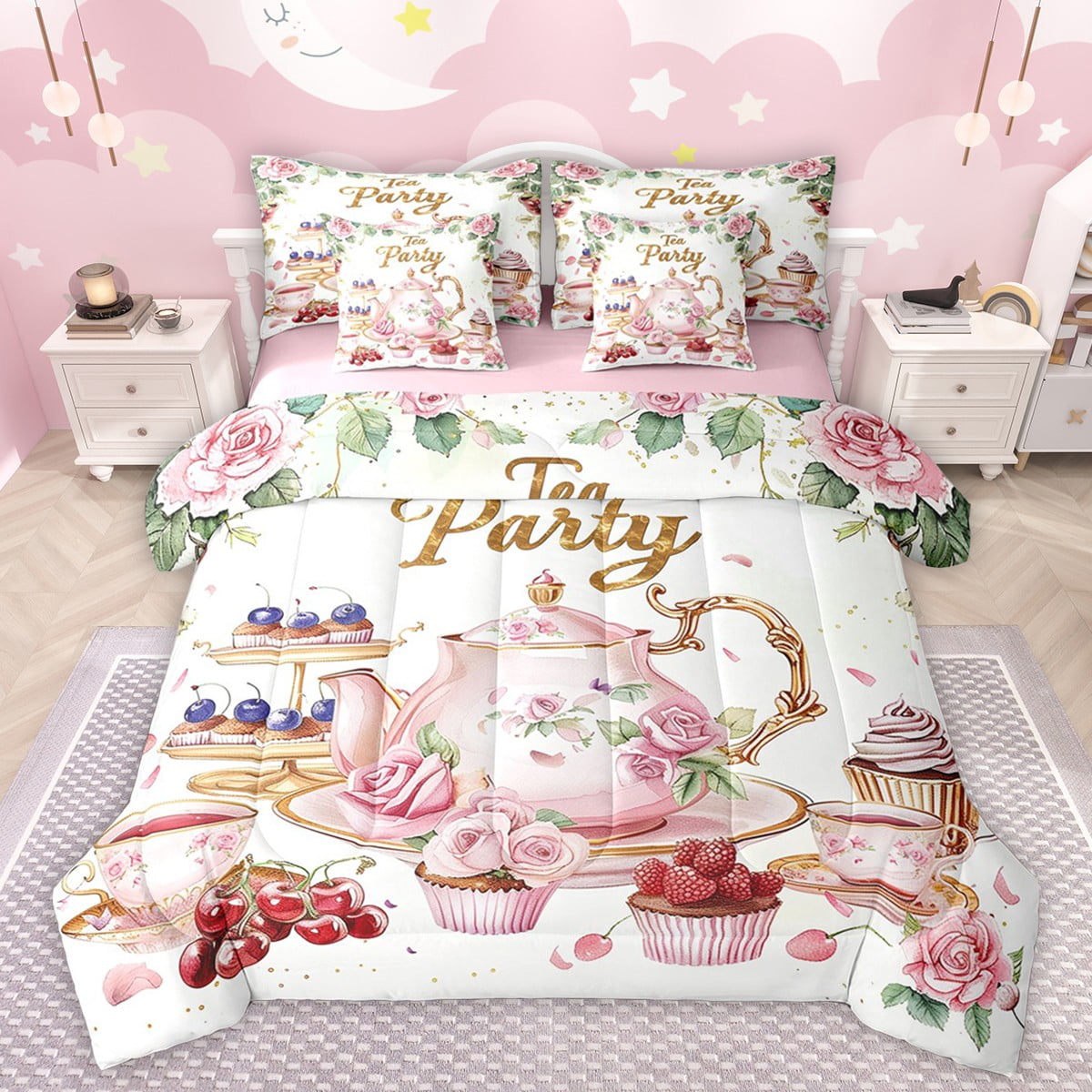 Manfei Floral Teacups Teapot Bedding Comforter Set 7pcs for Teens ...