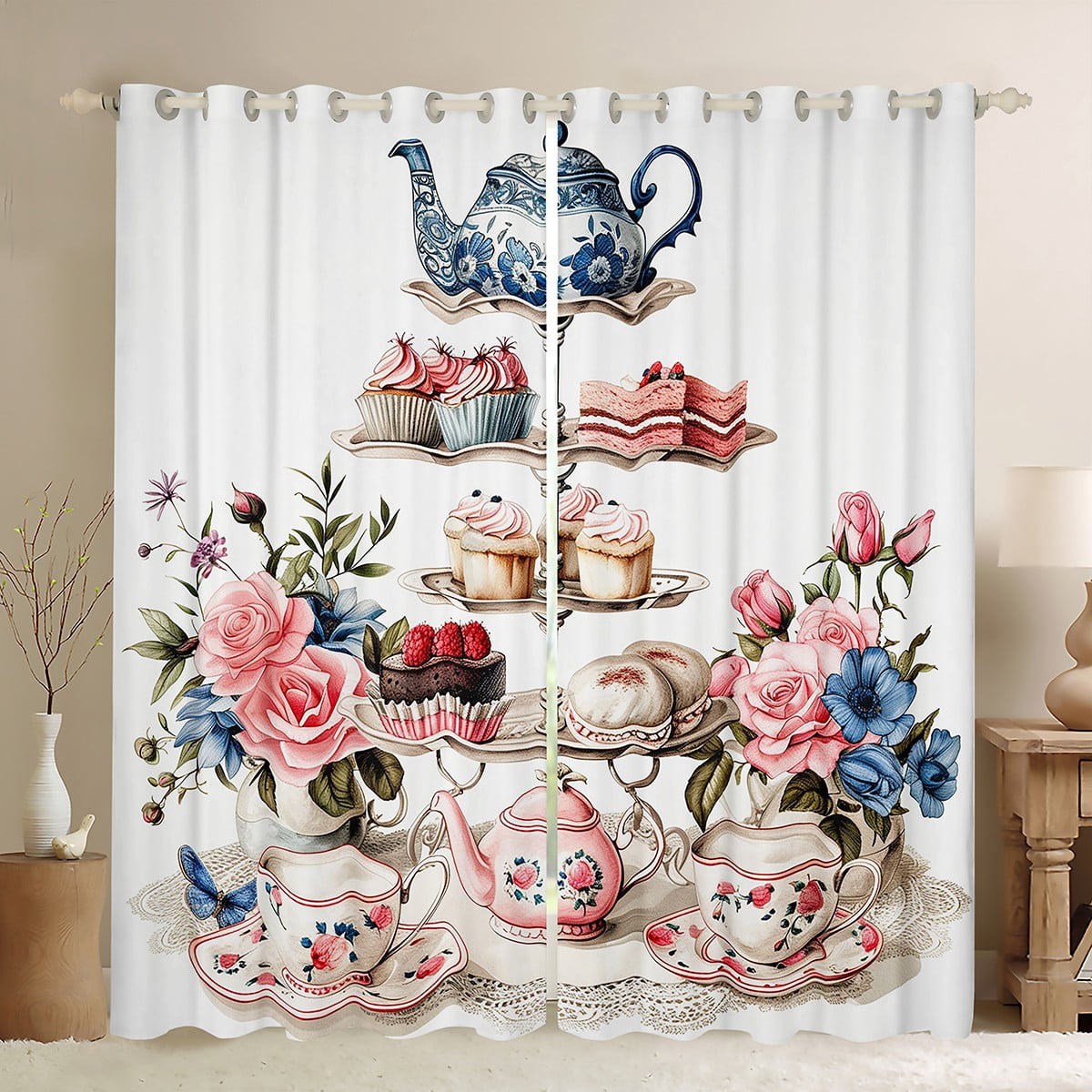 Manfei Floral Teacups Teapot Blackout Curtains Set of 2 (52x84 Each ...