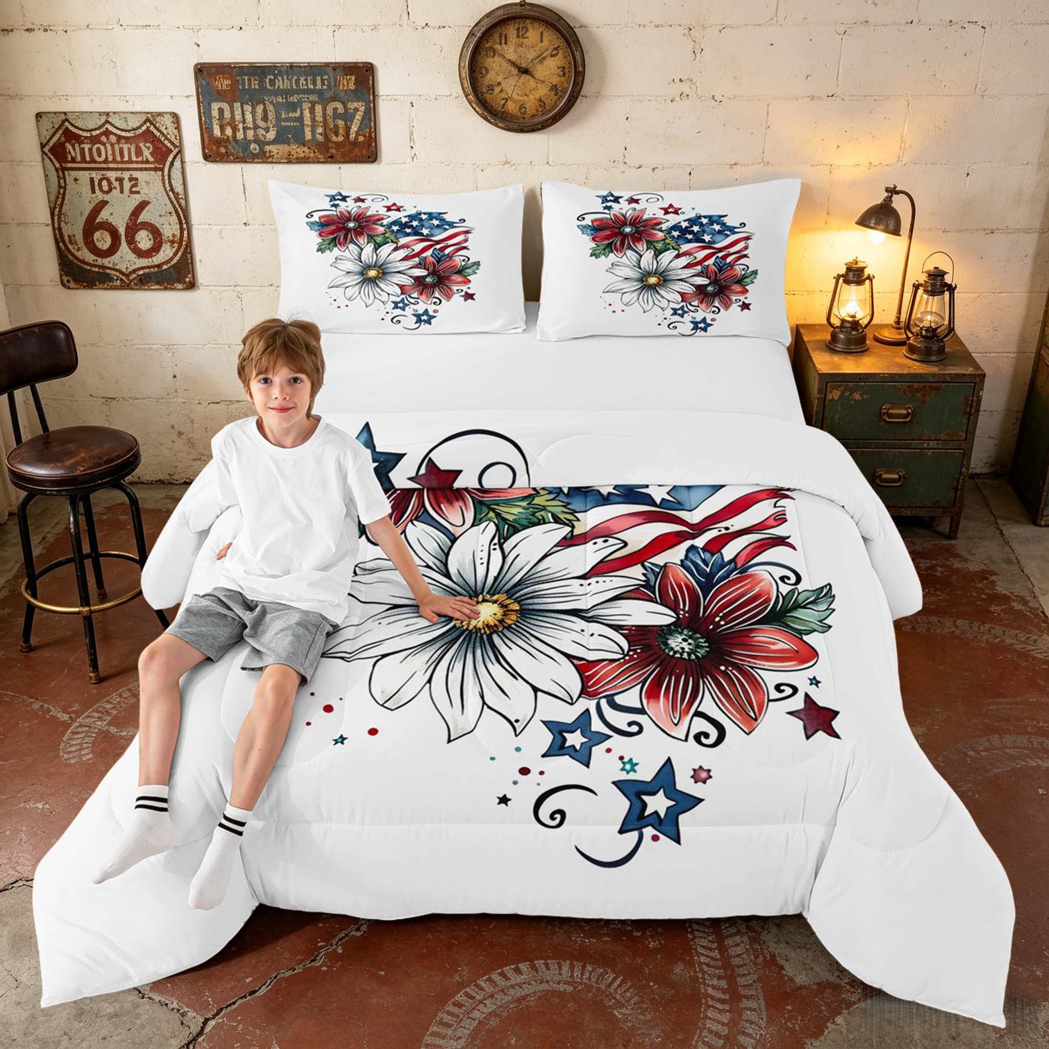 Manfei Floral US Flag Queen Comforter Set, Red White Blue Daisy ...
