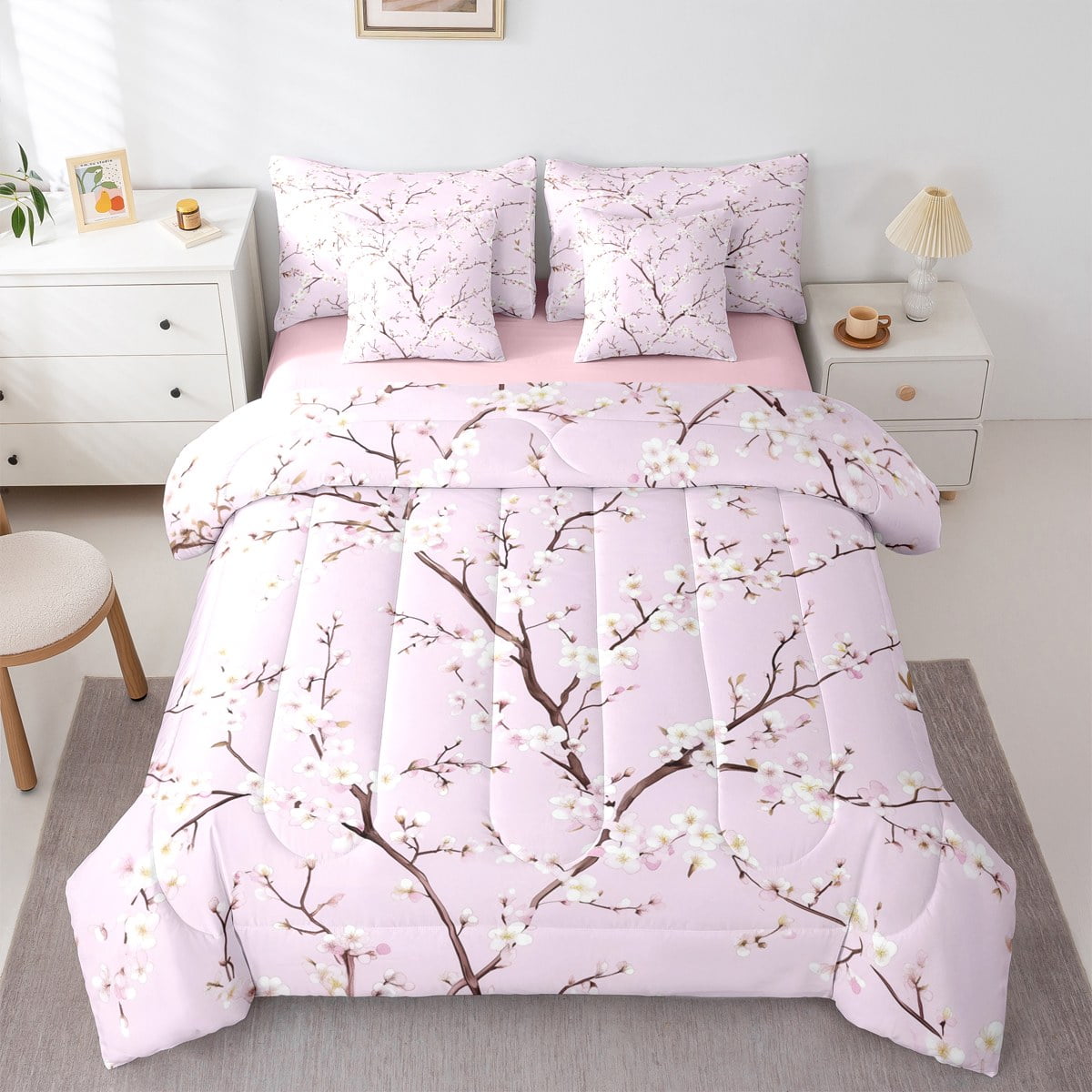 Manfei Flower Sakura Bedding Comforter Set 7 Pieces,Oriental Cherry ...