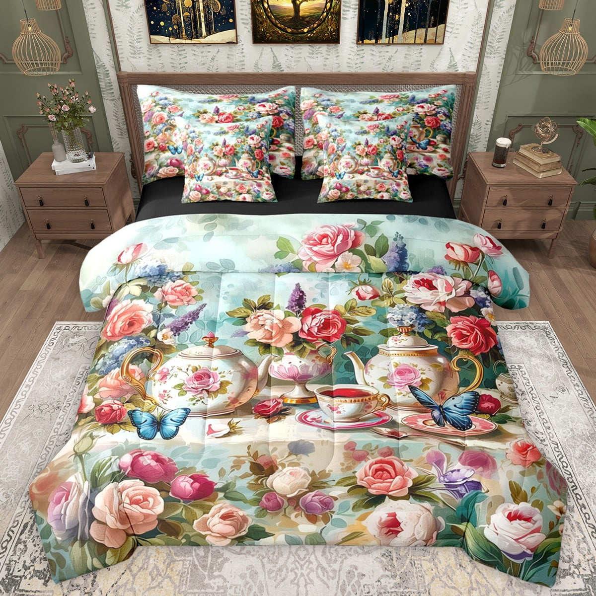Manfei Flying Butterflies Flowers Bedding Comforter Set 7 Pieces for ...
