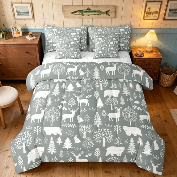 Manfei Forest Bear Elk King Bedding, Rustic Tree Plant King Bed in a ...