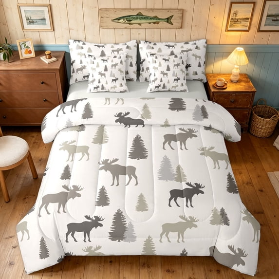 Manfei Forest Moose Queen Bedding, Winter Rustic Wildlife Bedding ...