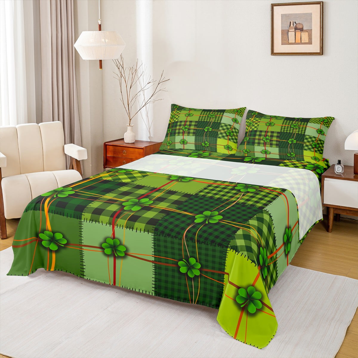 Manfei Four-Leaf Clover Queen Sheet Sets,Geometric Plaid Grid Flat ...