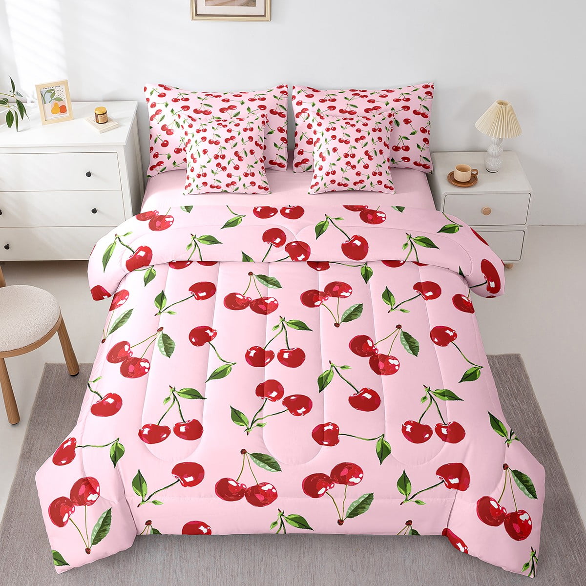 Feelyou Fresh Cherry Print Bedding Comforter Set 7-Piece, Girly Pink ...