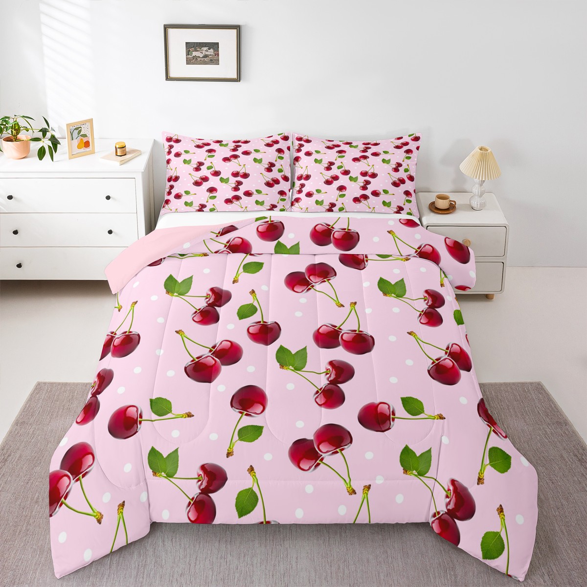 Manfei Fruit Cherry Bedding King Comforter Set, Polka Dots Down ...