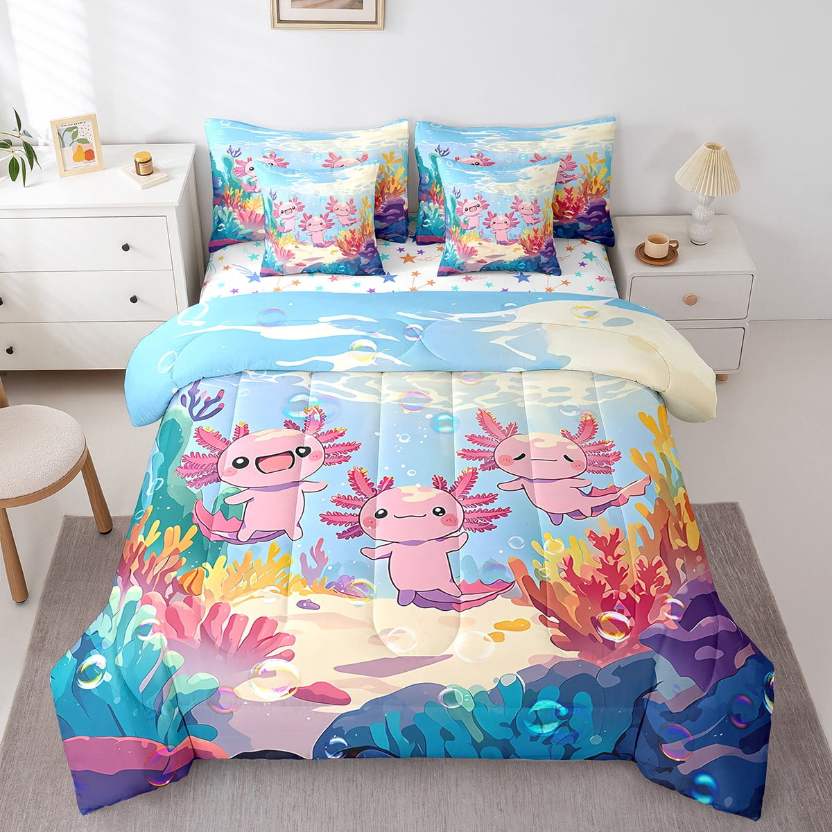 Manfei Funny Axolotl Bed in a Bag Queen size, Marine Ocean Animal Bed Set, Underwater World ...