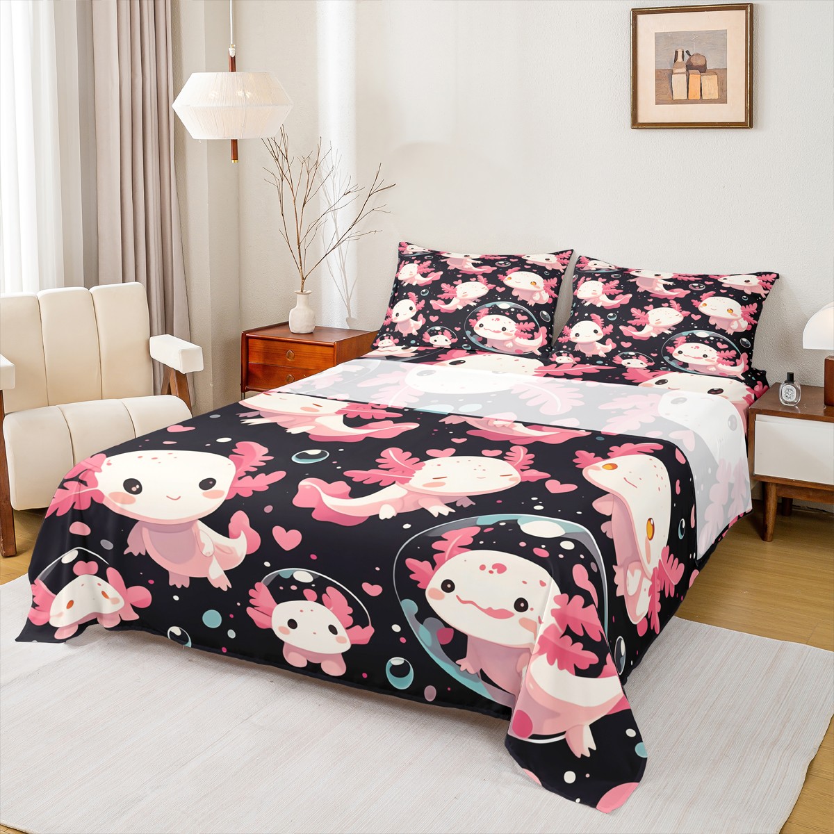 Manfei Funny Axolotl Child Bed Sheets, Black Pink Cartoon King Sheets ...