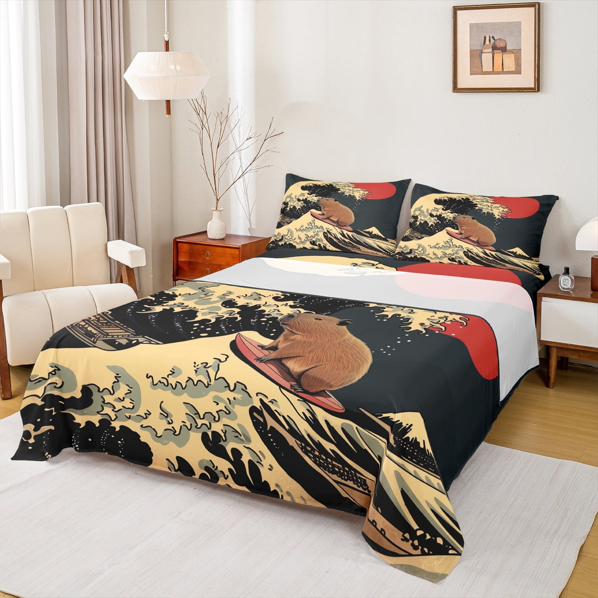 Manfei Funny Capybara Bed Sheets 4pcs for Boys Girls, Japanese Ukiyoe ...