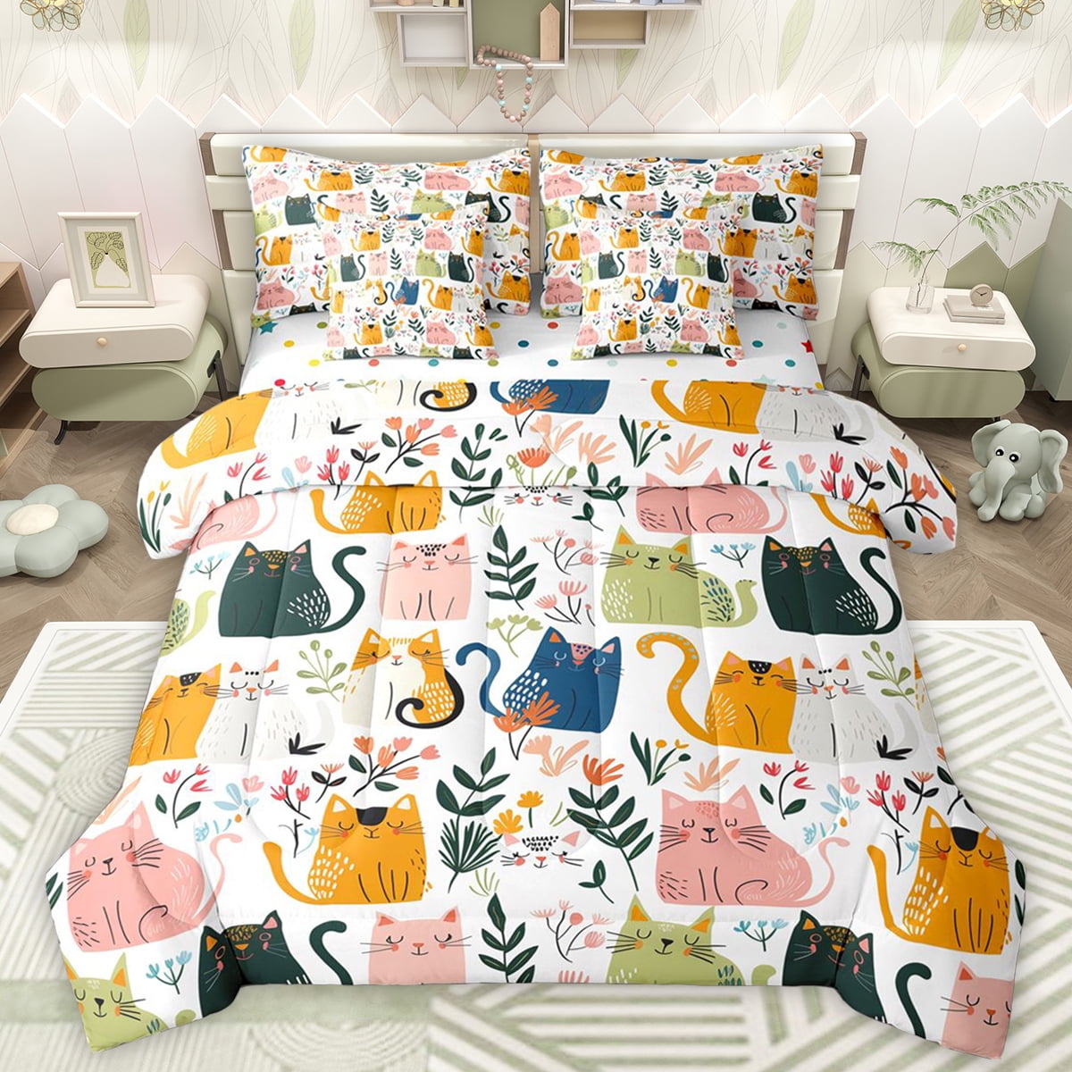Manfei Funny Cat Kitten Bedding Comforter Set 7pcs for Teens, Rustic ...