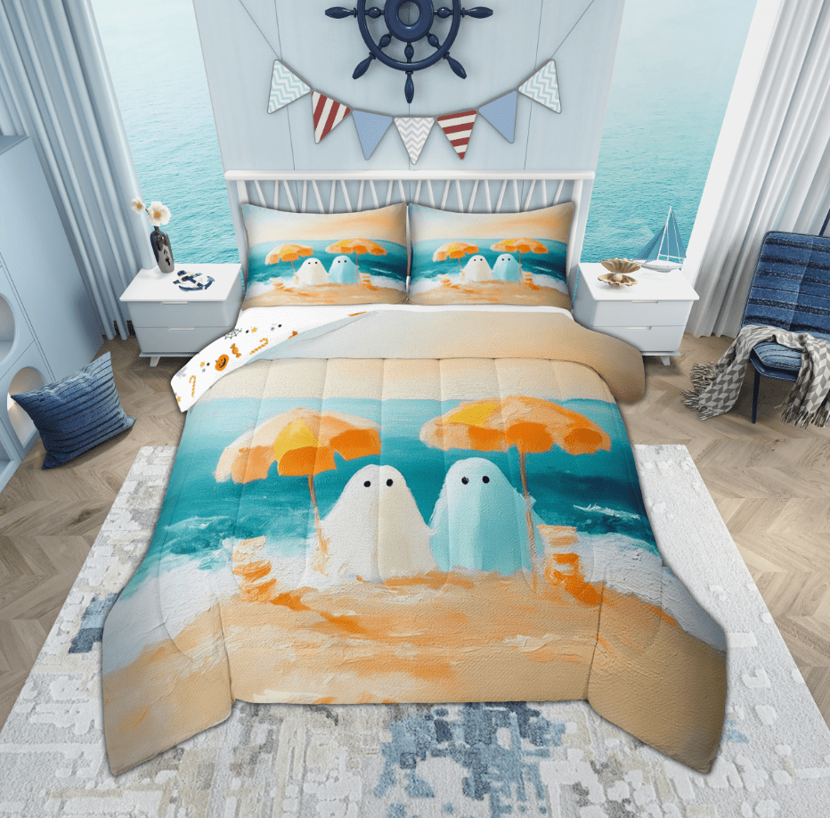 Manfei Funny Cute Ghost Bedding Comforter Set for Kid, Teal Orange ...