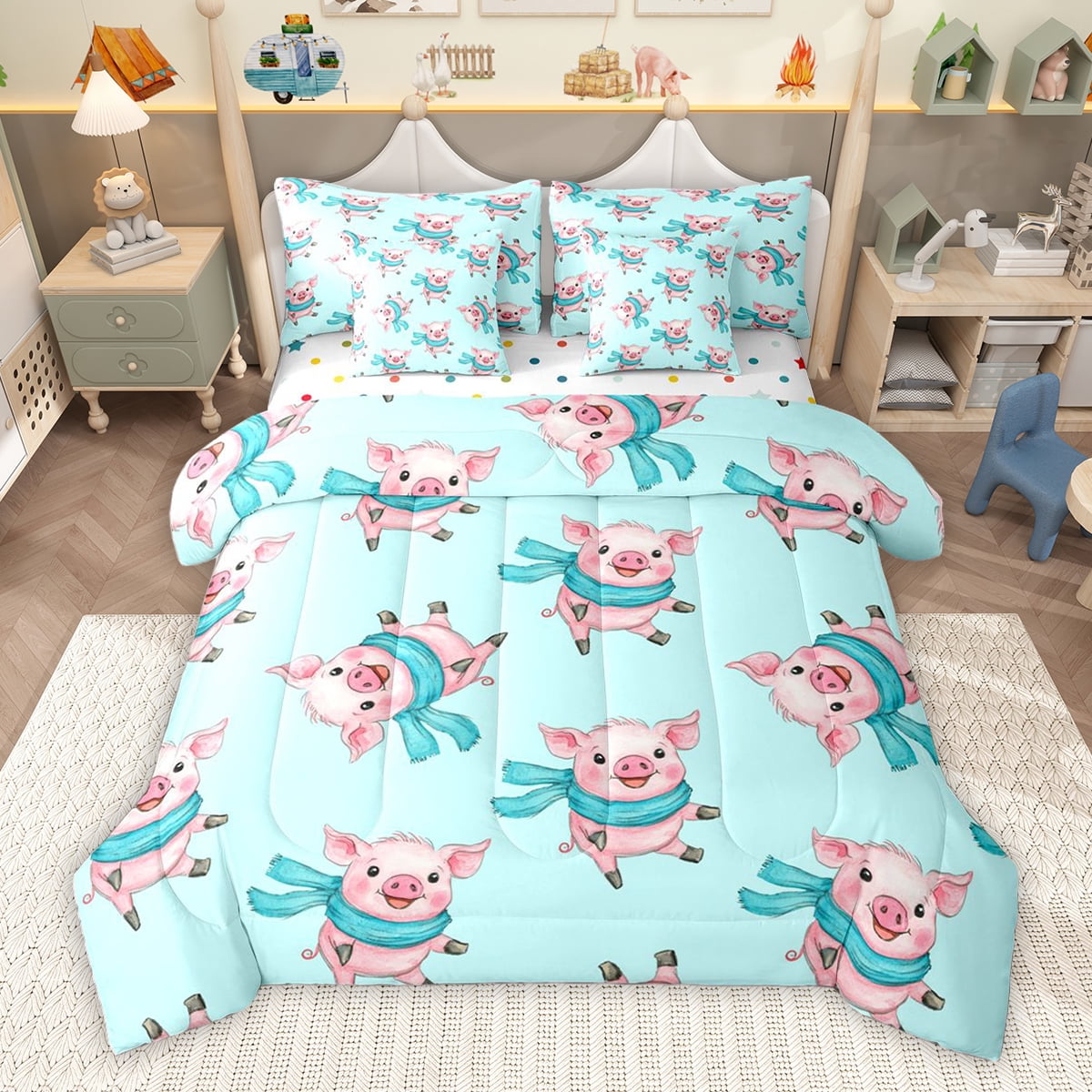 Manfei Funny Farm Pig Twin Bedding Sets 7-Piece for Child, Kawaii Cute ...