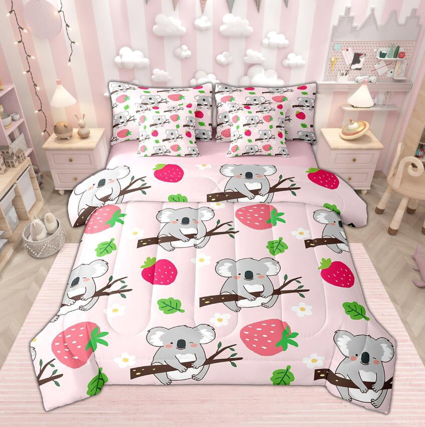 Manfei Funny Koala Twin Bedding Sets 7-Piece for Kids, Pink Strawberry ...