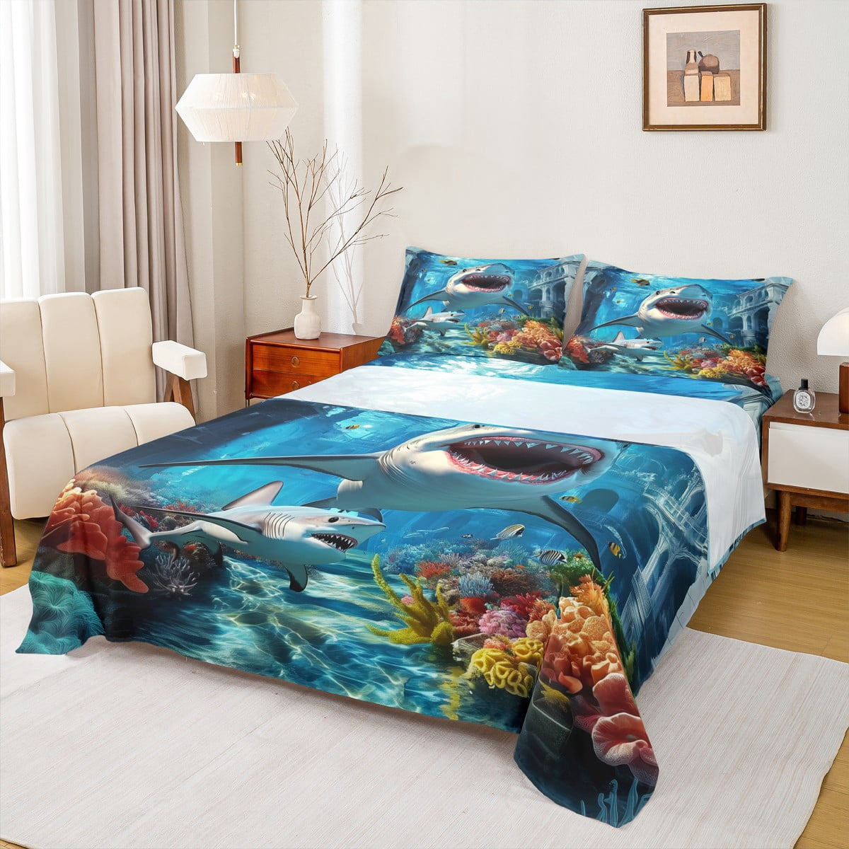 Manfei Funny Shark Twin Sheet Sets, Kawaii Sealife Bed Sheets Twin ...