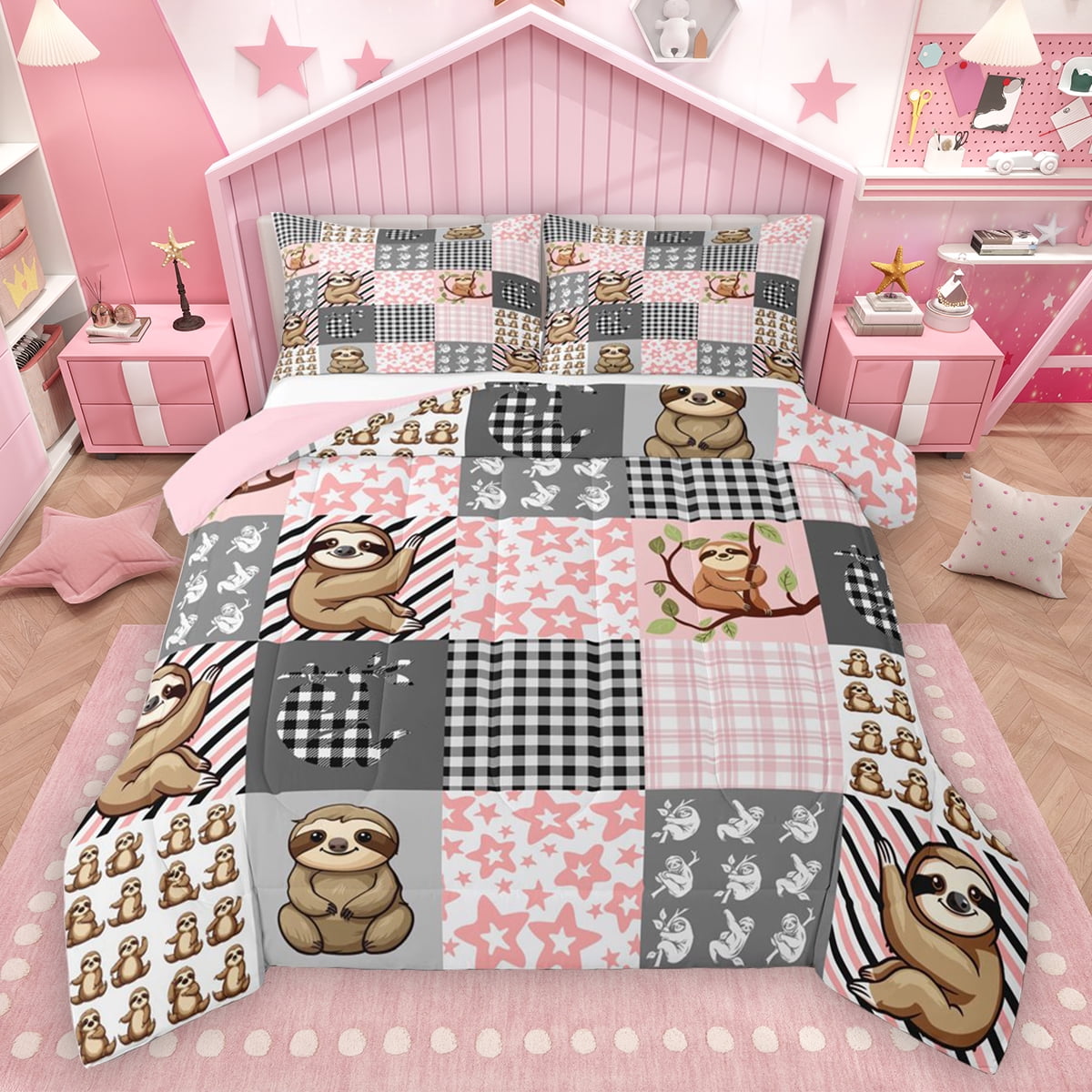 Manfei Funny Sloth Animal Full Size Comforter Sets, Pink Cartoon Stars ...