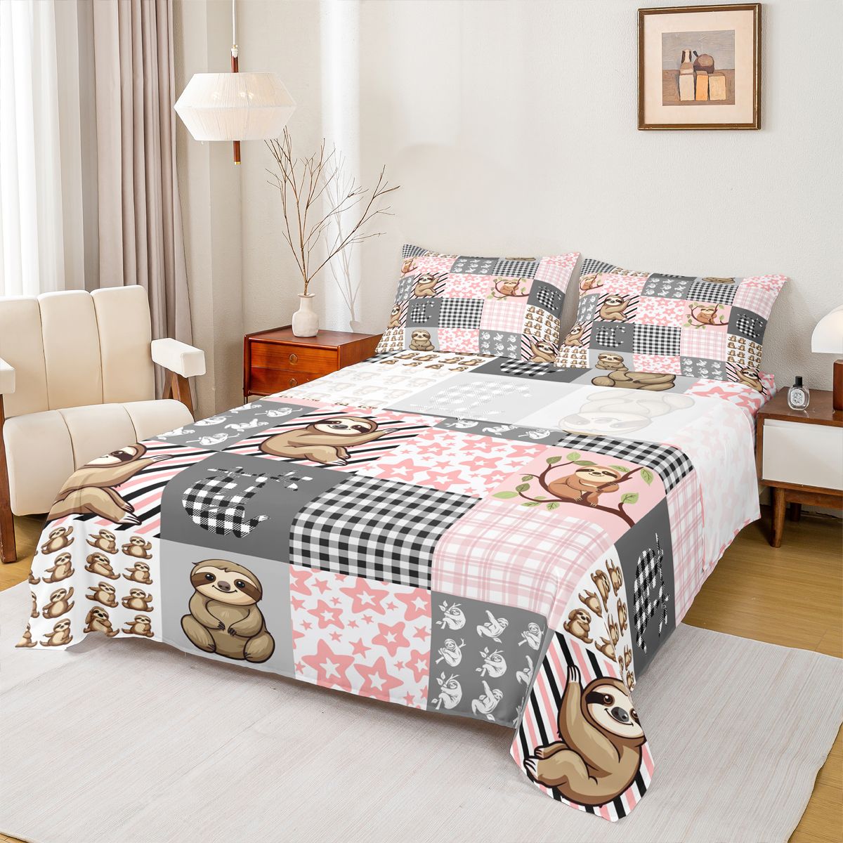 Manfei Funny Sloth Animal Full Size Sheets, Pink Cartoon Stars Print ...