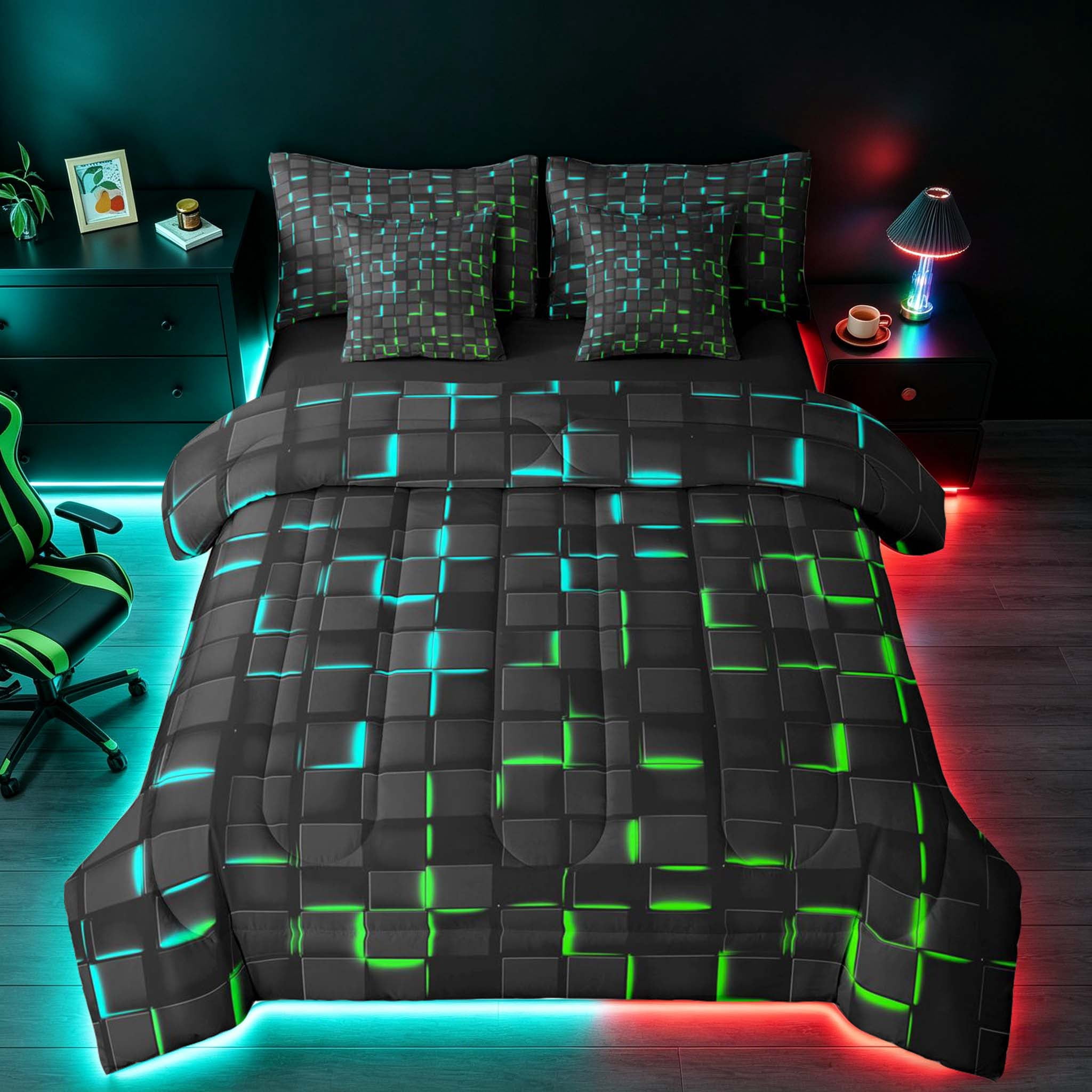Manfei Futuristic 3D Neon Twin Bedding, Glowing Square Bedding ...