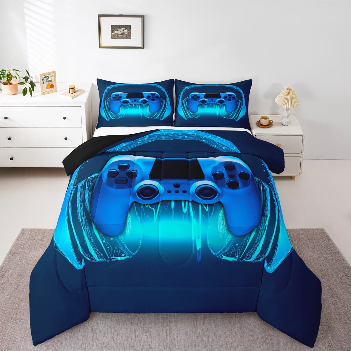 Manfei Futuristic Gamepad Teen Bedding Comforter Set, Neon Blue Game ...