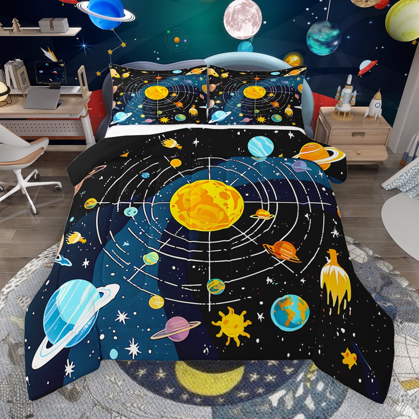 Manfei Galaxy Planet Bedding Comforter Set,Solar System Twin Comforter ...