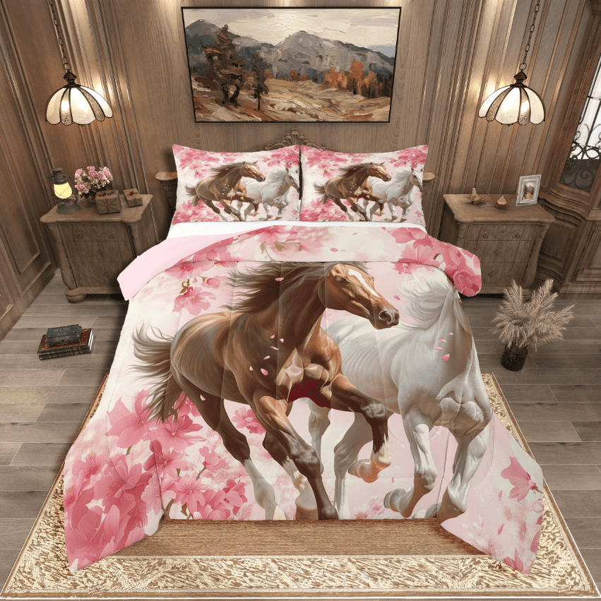 Manfei Galloping Horse 3pcs King Size Comforter Sets,Pink Sakura ...