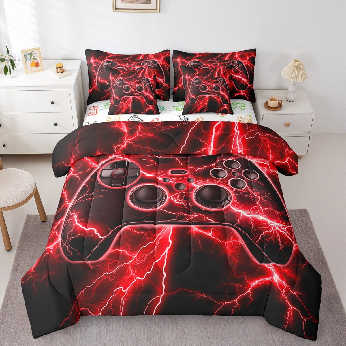 Manfei Gamer Gaming Bedding Comforter Set 7-Piece,Modern Video Game ...
