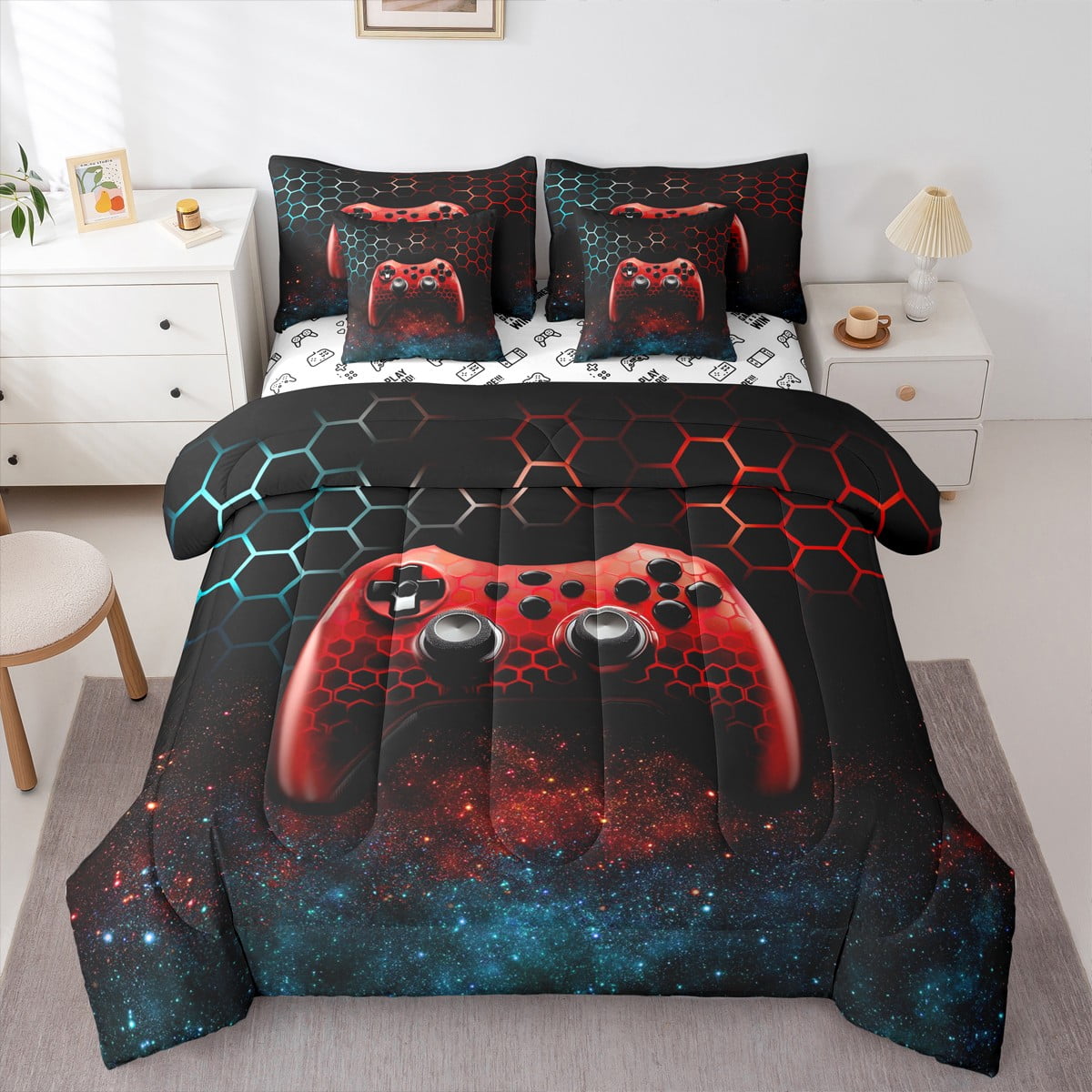 Manfei Gamer Gaming Bedding Comforter Set 7-Piece,Modern Video Game ...