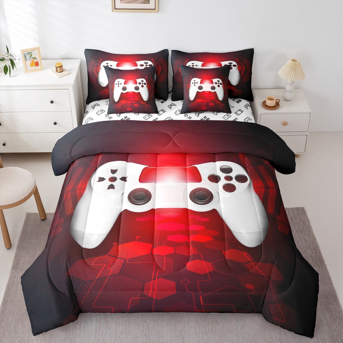 Manfei Gamer Gaming Bedding Comforter Set 7pcs,White Video Game Queen ...