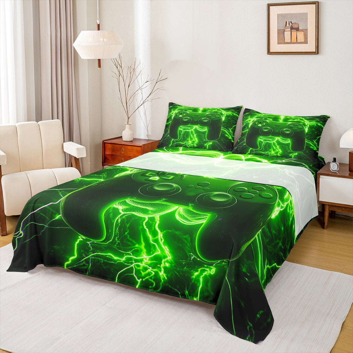 Manfei Gamer Gaming Full Size Sheets,Modern Video Game Bed Sheets,Green ...