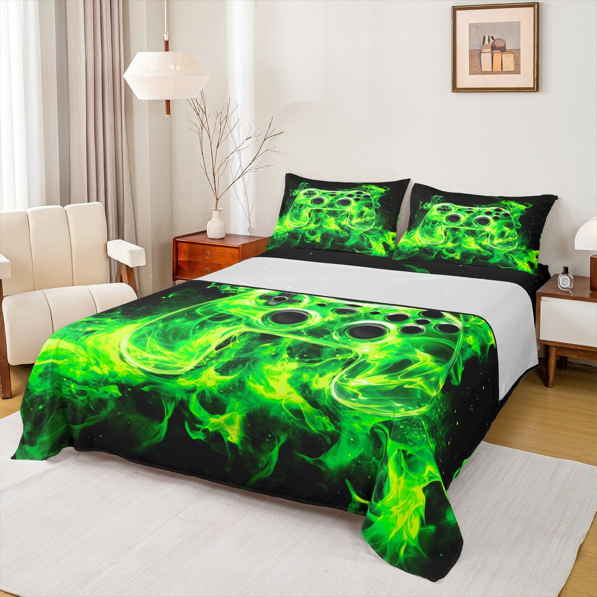 Manfei Gamer Gaming Full Size Sheets,Modern Video Game Bed Sheets,Green ...