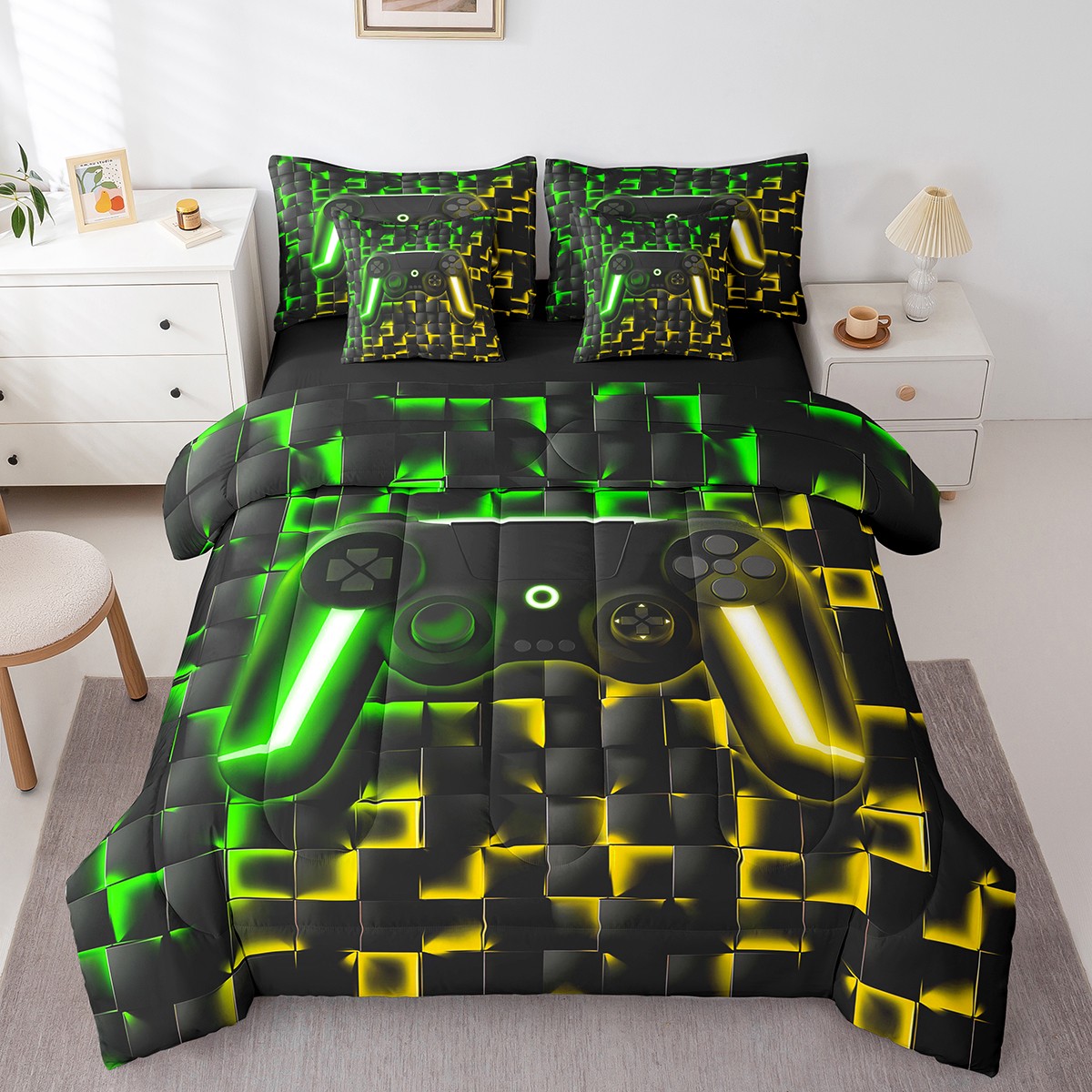 Manfei Gaming Bedding Comforter Set 7-Piece,Geometry Grid Queen Bedding ...