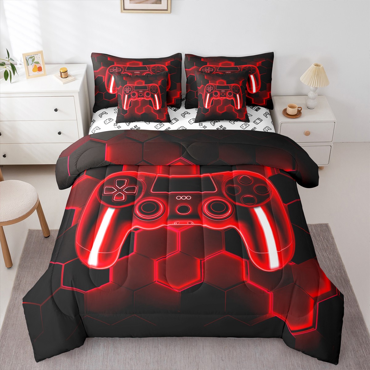 Manfei Gaming Bedding Comforter Set 7-Piece,Teen Video Game King ...
