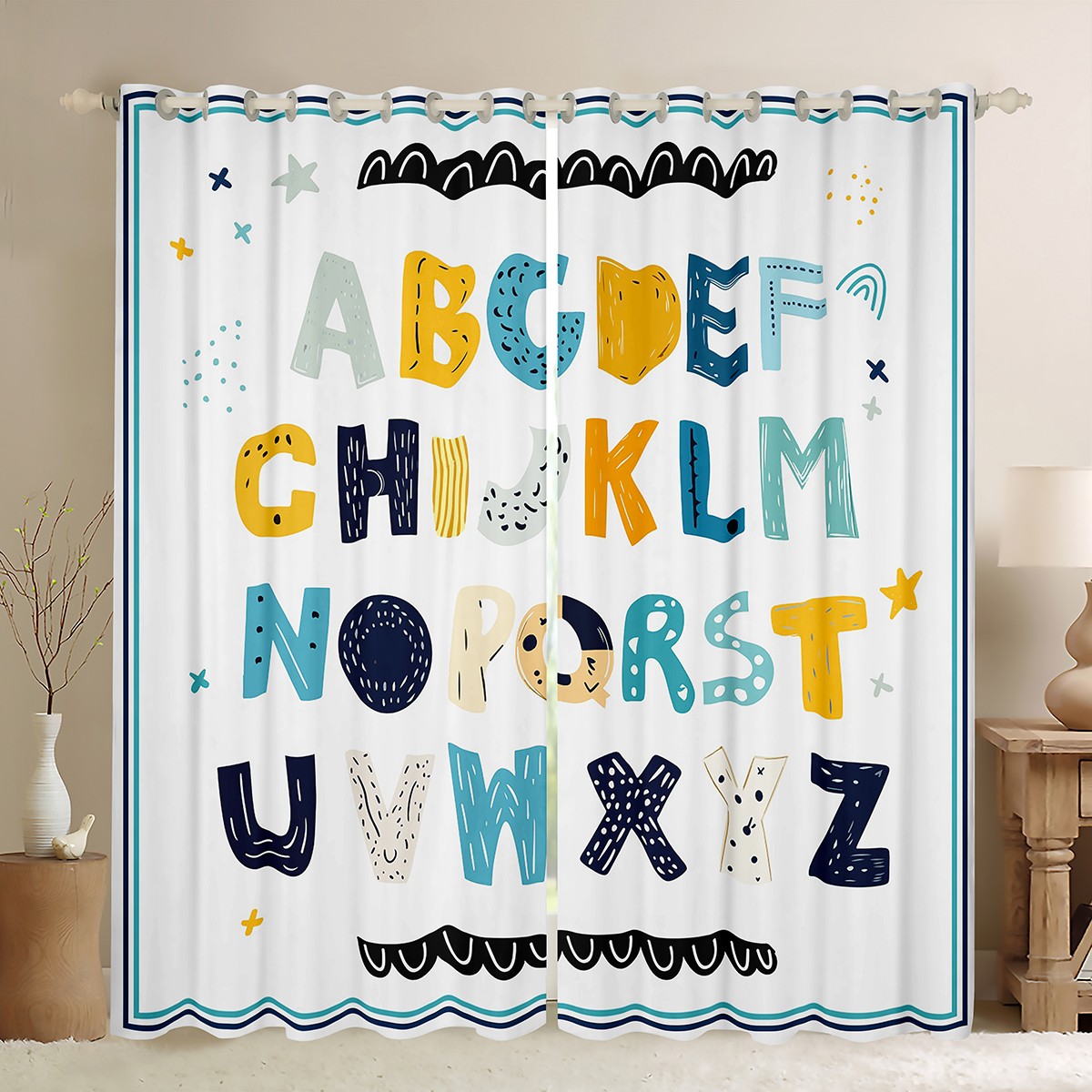 Manfei Geometric English Letters Black Out Curtains,Cute Hand Painted ...