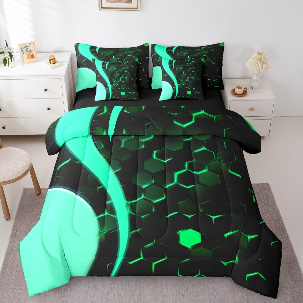 Manfei Geometric Honeycomb Bedding Comforter Set 7pcs,Modern Minimalist ...