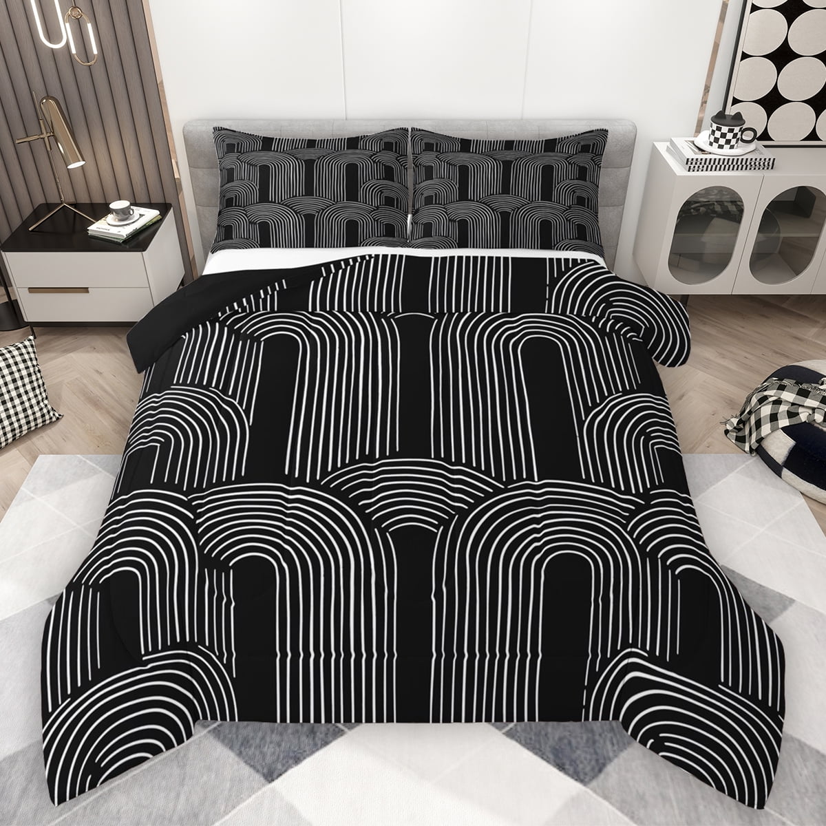 Manfei Geometric Lines Print Queen Comforter Set,Retro Stripes Pattern ...