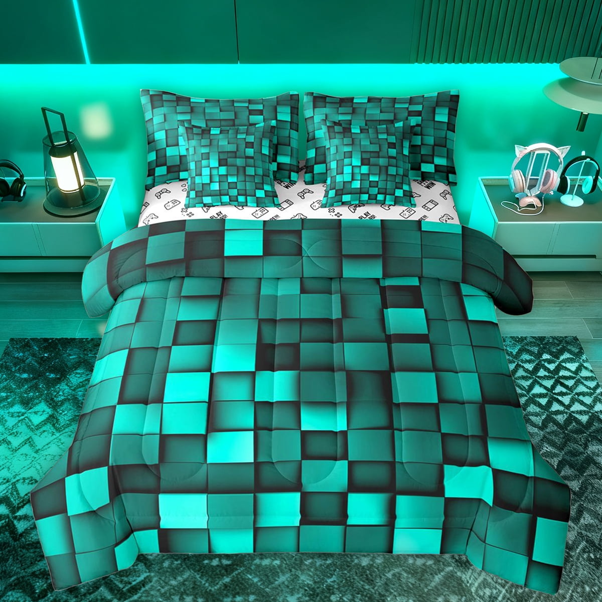 Manfei Geometric Plaid Grid 7-Piece Bedding Comforter Set,Classic ...