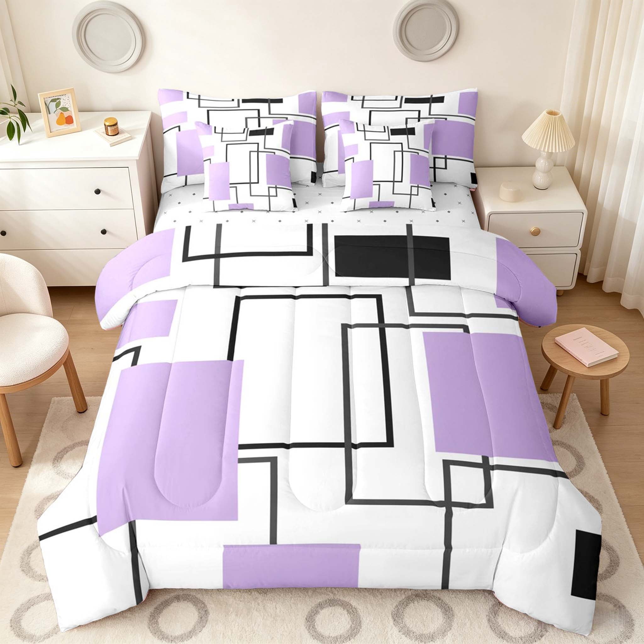 Manfei Geometric Purple Black Square Queen Bedding,Contemporary Simple ...