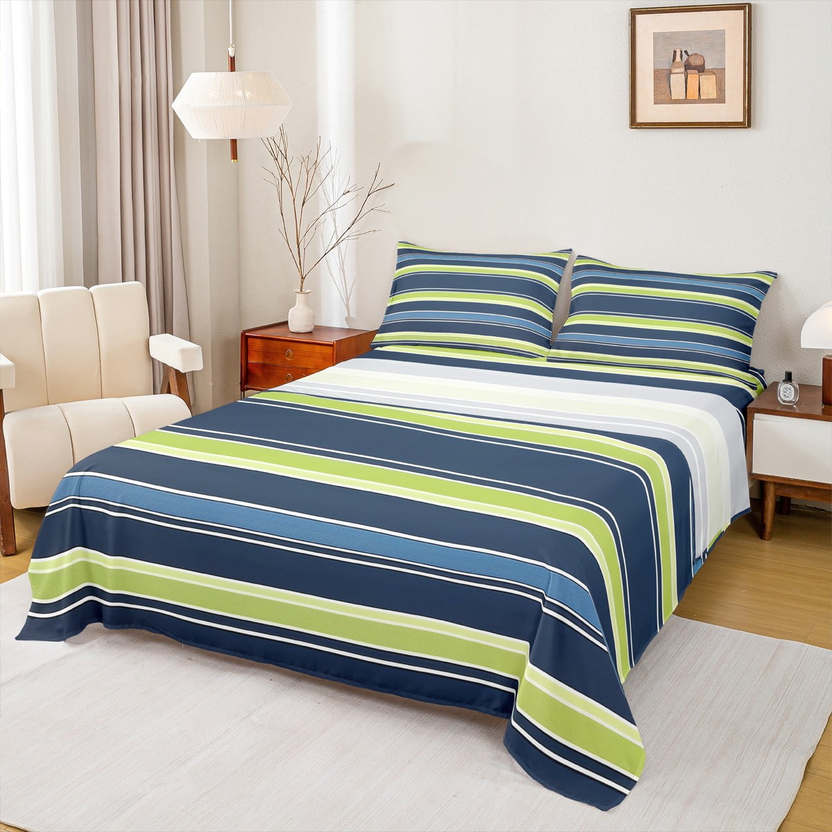 Manfei Geometric Stripe Bed Sheets 4 Pieces, Navy Blue Green King ...