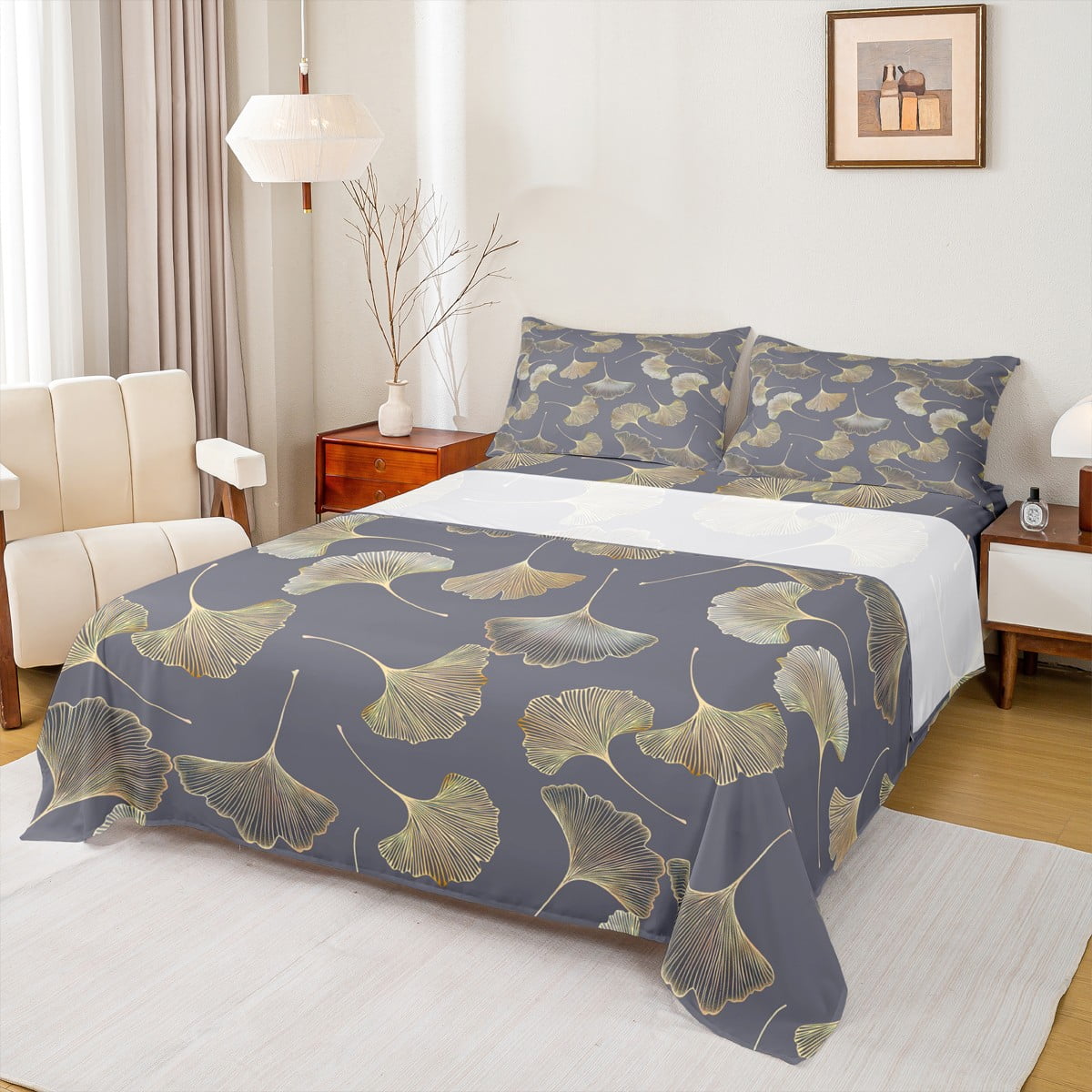Manfei Ginkgo Leaf Full Size Sheets,Tropical Plant Leaves Bed Sheets ...