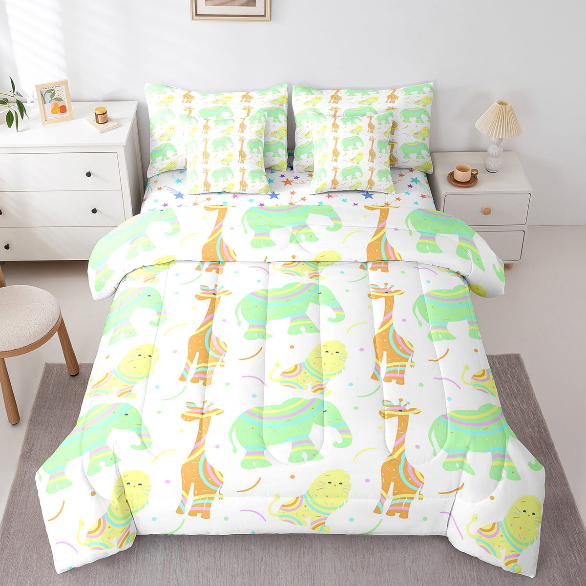 Manfei Giraffe Elephant Bedding Comforter Set 7-Piece, Kawaii Animal ...