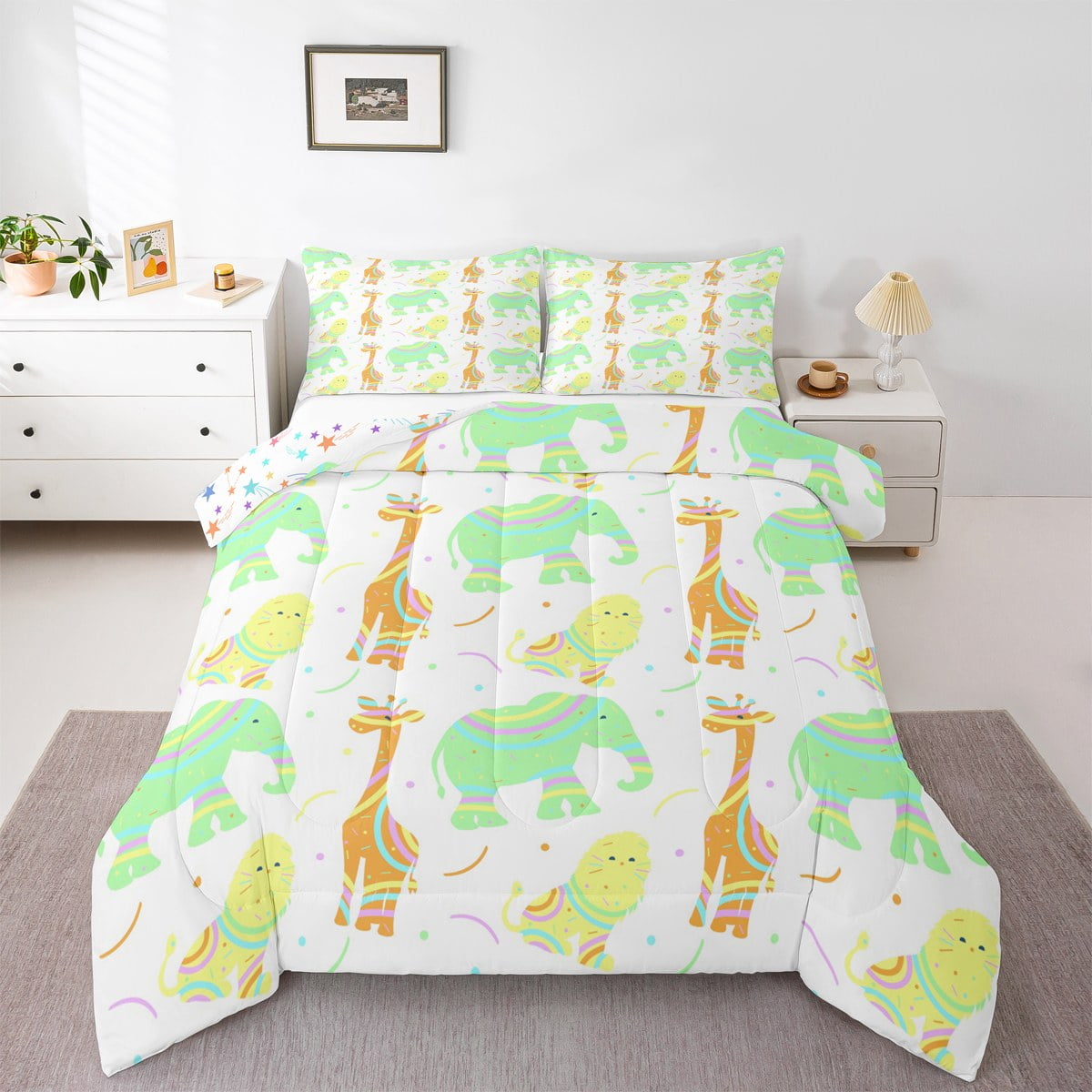 Feelyou Giraffe Elephant Bedding Comforter Set, Kawaii Animal Twin ...
