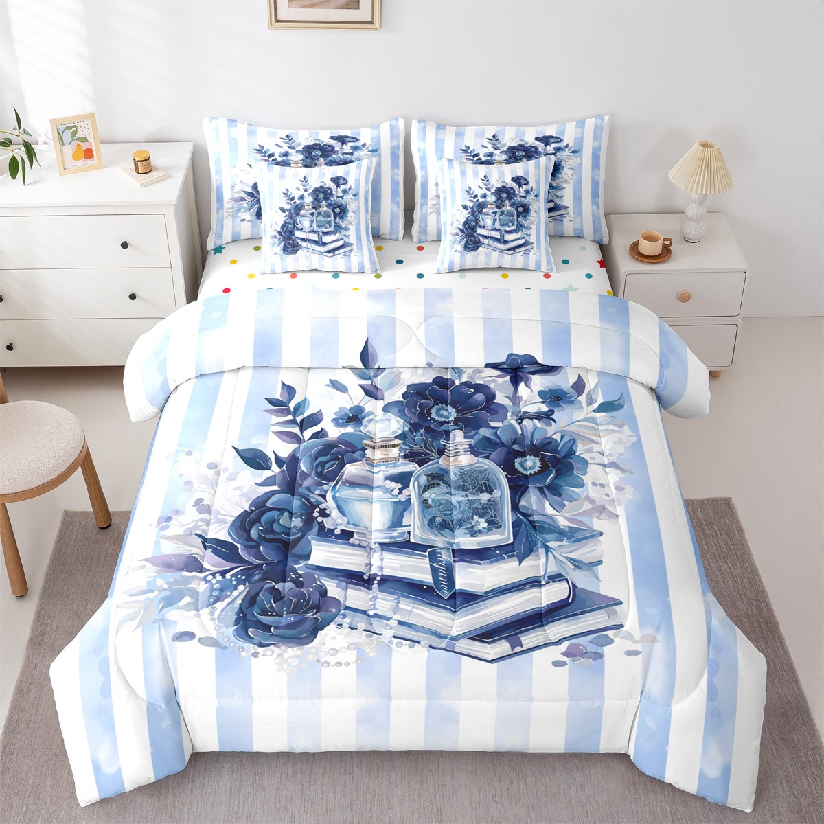 Manfei Girl Perfume 7 Pieces Bedding Comforter Set,Blue Flower Floral ...