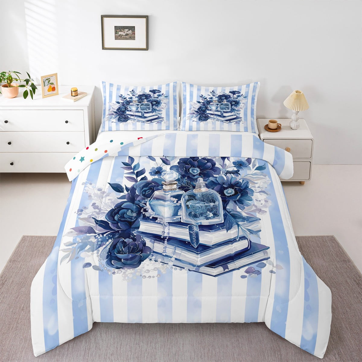 Manfei Girl Perfume King Size Comforter Sets,Blue Flower Floral Bedding ...