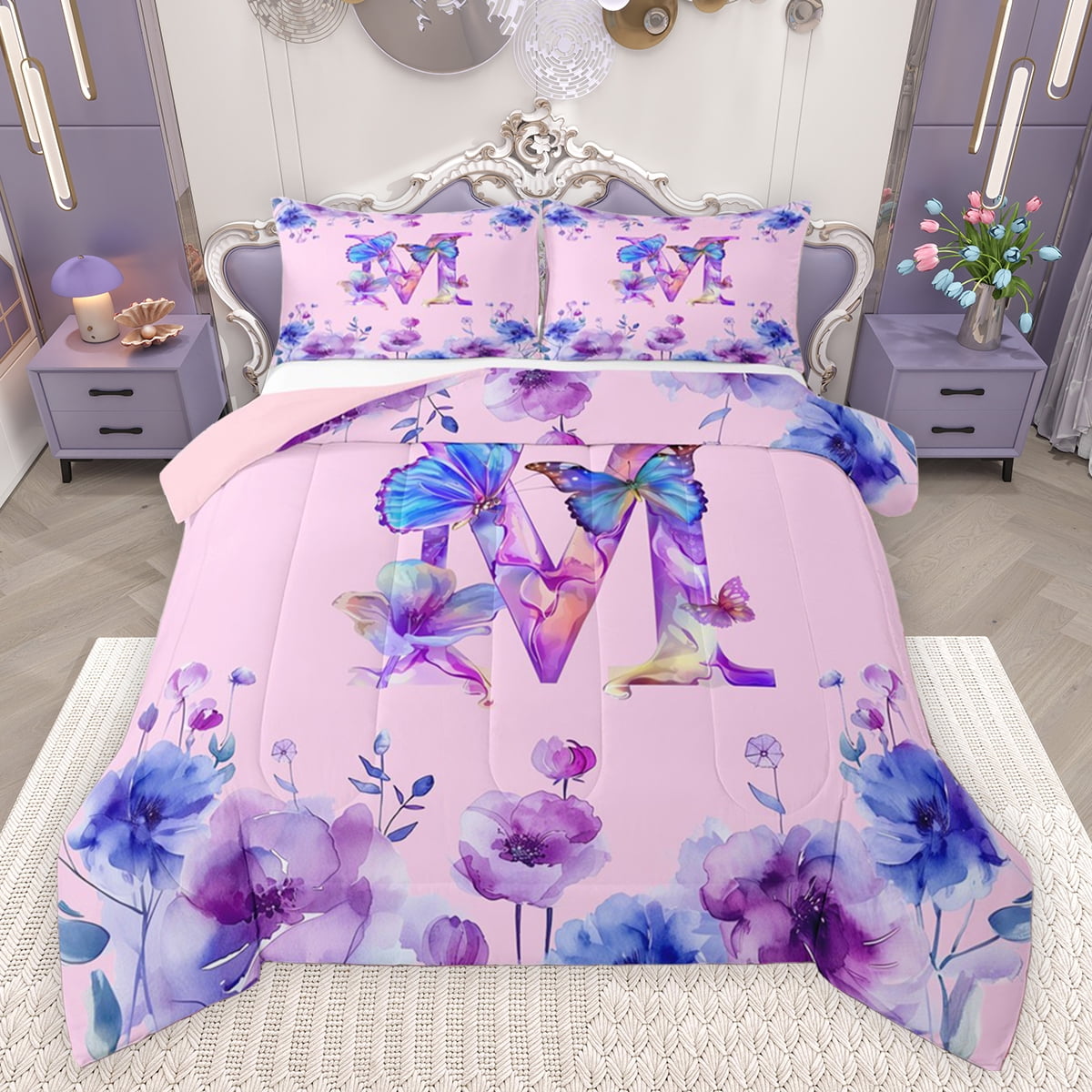 Manfei Girl Personalized Gifts Queen Comforter Set,Watercolor Letter M ...
