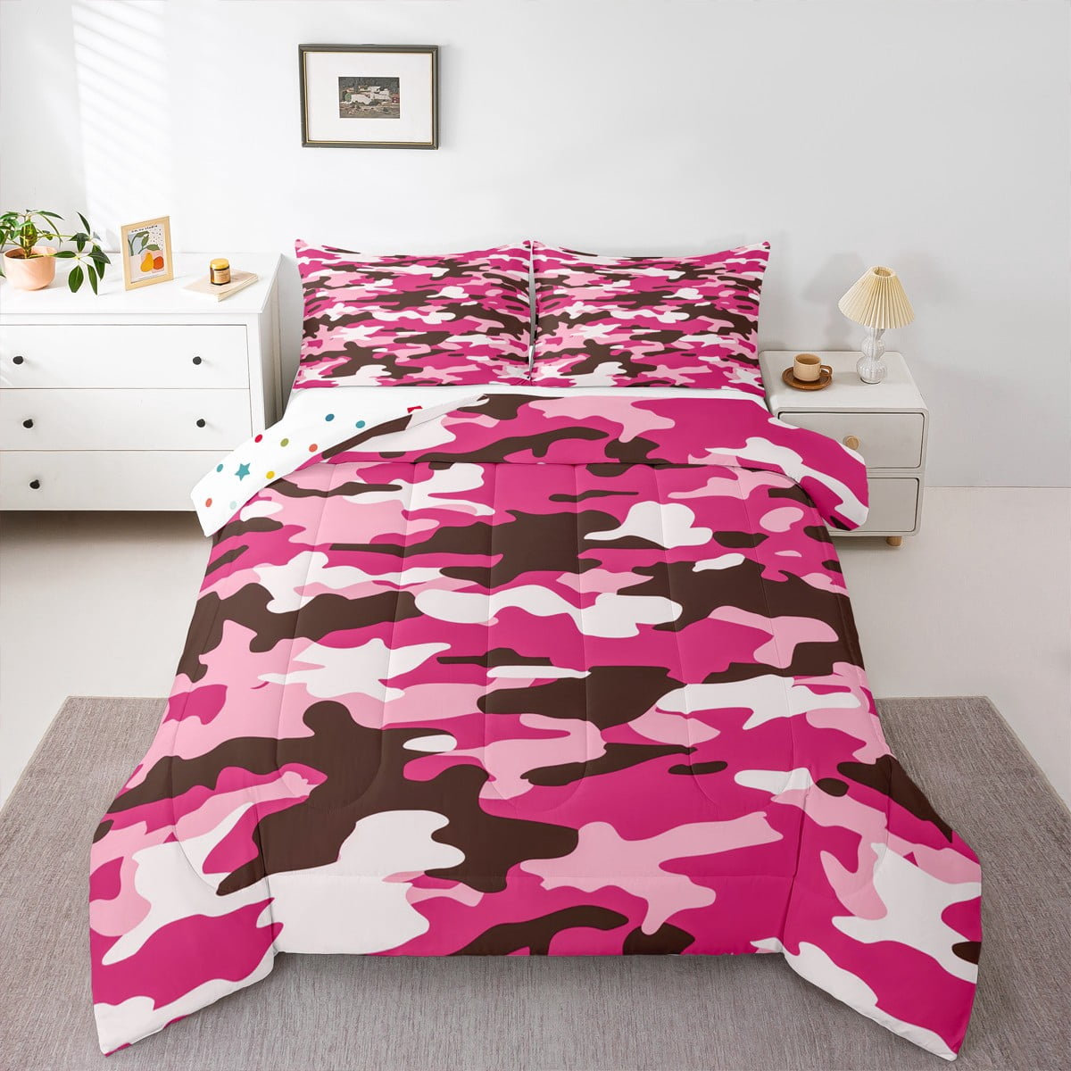 Manfei Girl Pink Camouflage Queen Comforter Set,Rustic Farmhouse Cabin ...