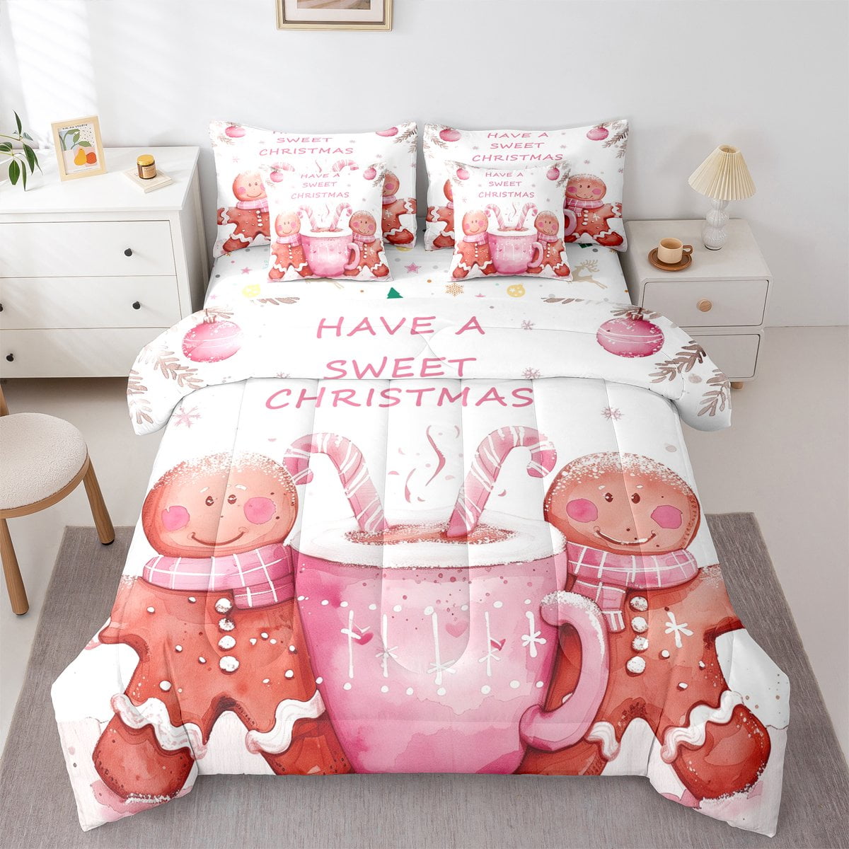 Manfei Girls Gingerbread Man Twin Bedding Sets 7-Piece, Pink Coffee ...