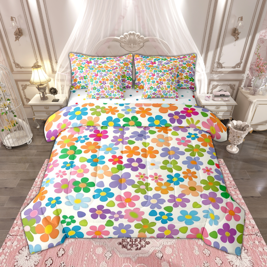 Manfei Girls Groovy Flower Bedding Comforter Set 7 Pieces, Rainbow ...
